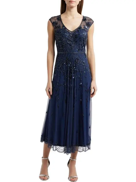 Pisarro Nights Beaded Sleeveless Chiffon Evening A-line Dress - Navy