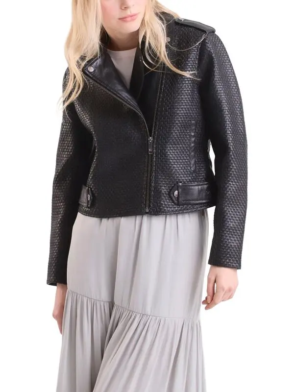 VELEZ Claire Leather Woven Biker Jacket - Black