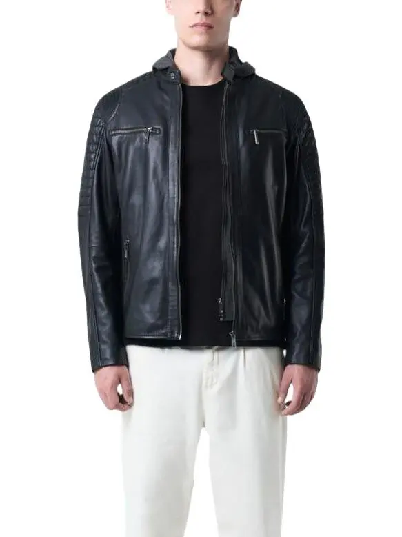 VELEZ Belmont Leather Jacket With Hood And Chestpiece - Black