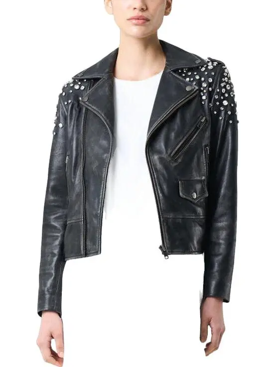 VELEZ Leather Biker Jacket With Crystals - Black