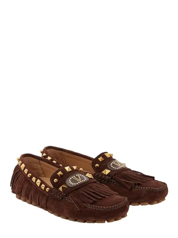 Valentino Garavani Vlogo Fringed Suede Driving Shoes - Brown