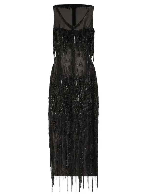 Dolce & Gabbana Sleeveless Marquisette Dress With Sequined Fringing - Black
