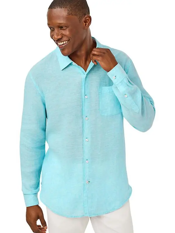 Lilly Pulitzer® Stuff Addison Button Down Linen Shirt - Capri Blue X Resort White