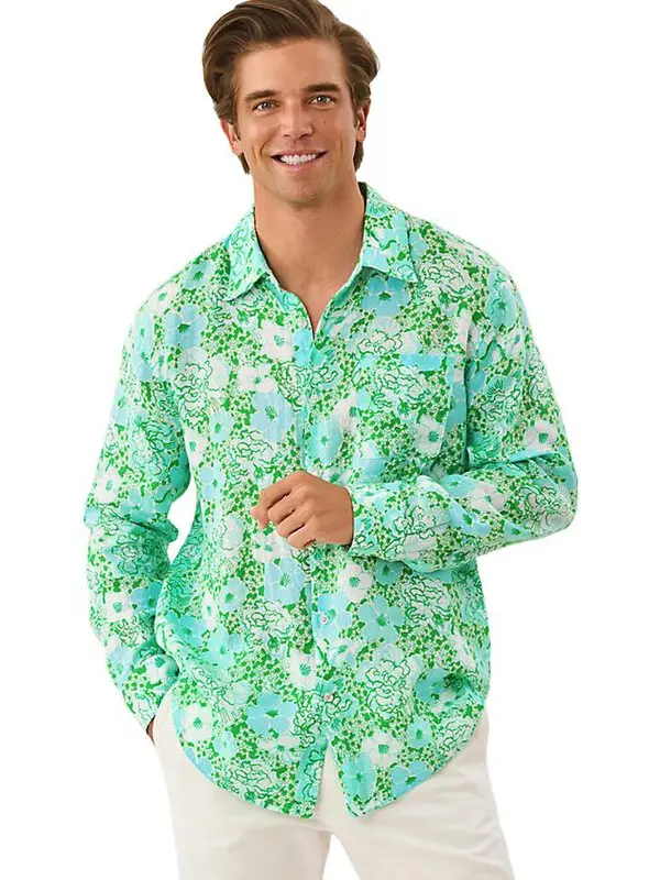 Lilly Pulitzer® Stuff Addison Button Down Linen Shirt - Mint Condition Burst Of Joy