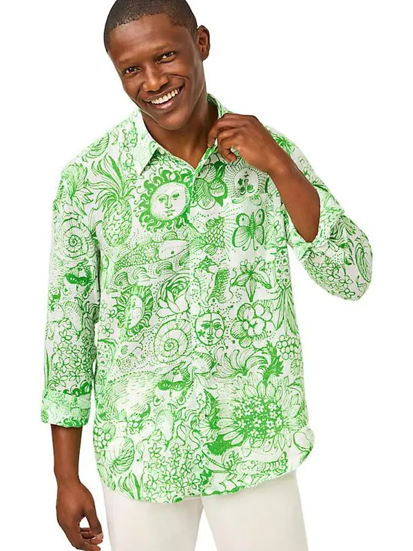 Lilly Pulitzer® Stuff Addison Button Down Linen Shirt - Putting Green Lil Fleur De Lilly