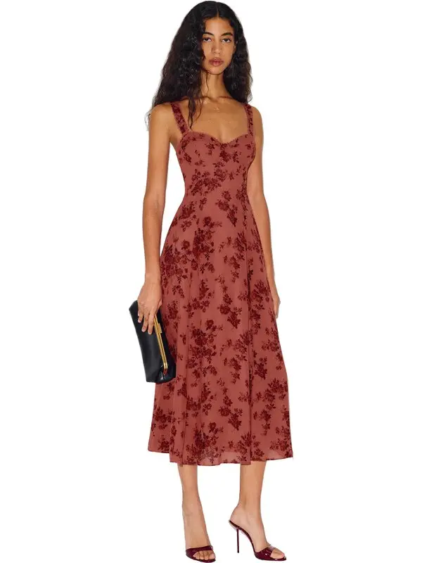 REFORMATION Lela Midi Dress With Sweetheart Neckline And Lace Trim - Pink