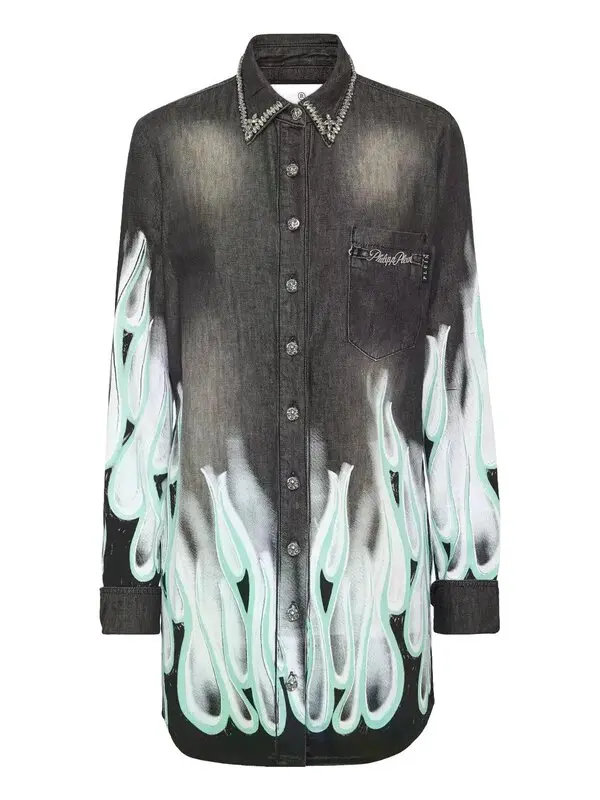 Philipp Plein Flame Racing Denim Shirt - Grey