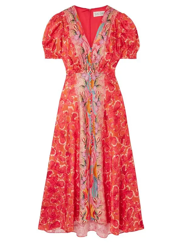 Saloni Lea Printed Midi Dress - Orange