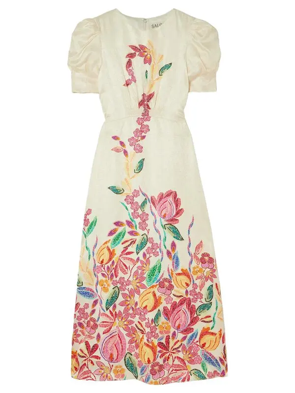 Saloni Bianca Floral Silk-jacquard Midi Dress - Cream