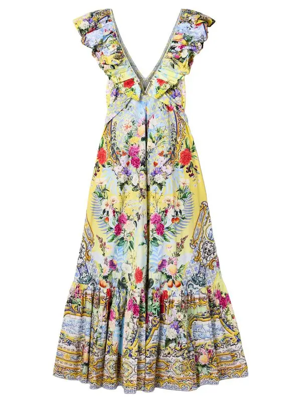 Camilla Embellished Belted Ruffled Printed Organic Cotton-poplin Maxi Dress - Yellow