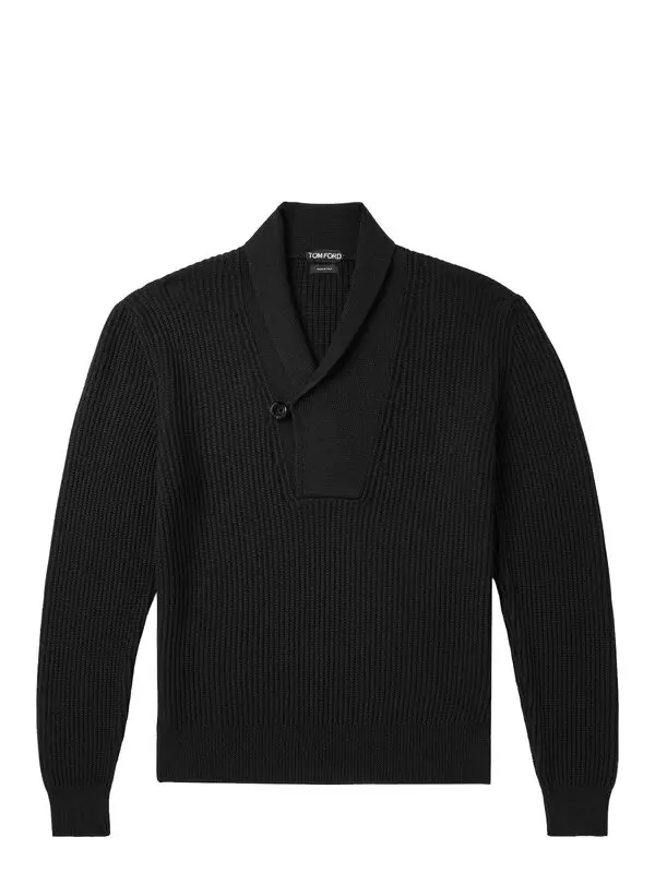 TOM FORD Slim-fit Shawl-collar Ribbed Merino Wool-blend Half-placket Sweater - Black