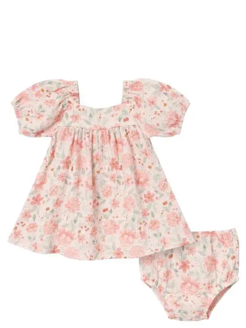 MODERN MOMENTS™ BY GERBER Puffed Sleeve Dress With Diaper Cover Set - Light Rose Watercolor Floral