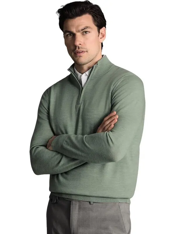 CHARLES TYRWHITT Merino Zip Neck Long Sleeve Sweater - Aqua Green