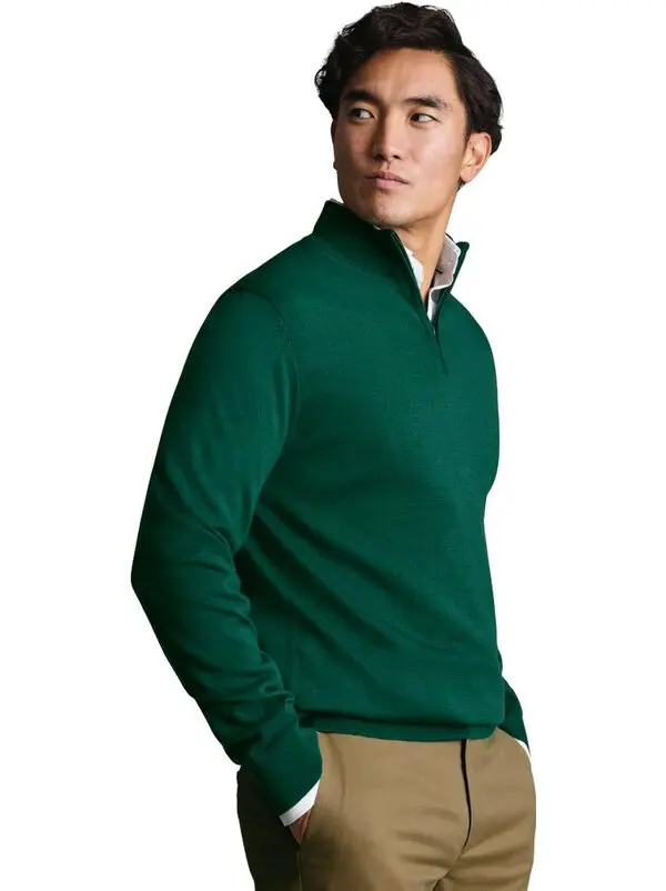 CHARLES TYRWHITT Merino Zip Neck Long Sleeve Sweater - Bright Green