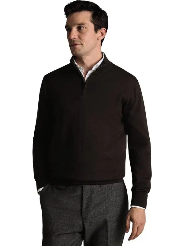 CHARLES TYRWHITT Merino Wool Zip Neck Sweater - Brown