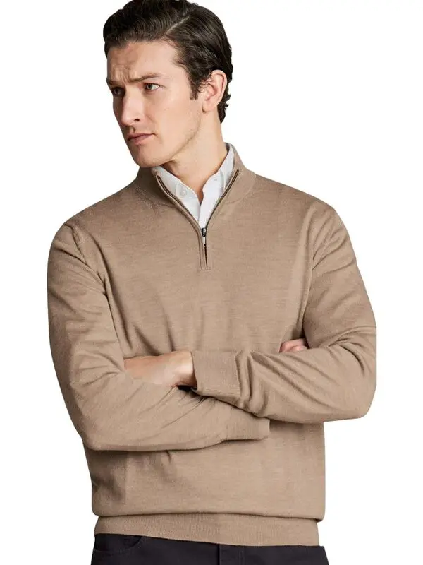 CHARLES TYRWHITT Merino Zip Neck Long Sleeve Sweater - Camel