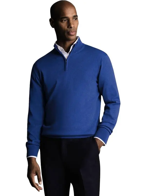 CHARLES TYRWHITT Merino Zip Neck Long Sleeve Sweater - Cobalt Blue