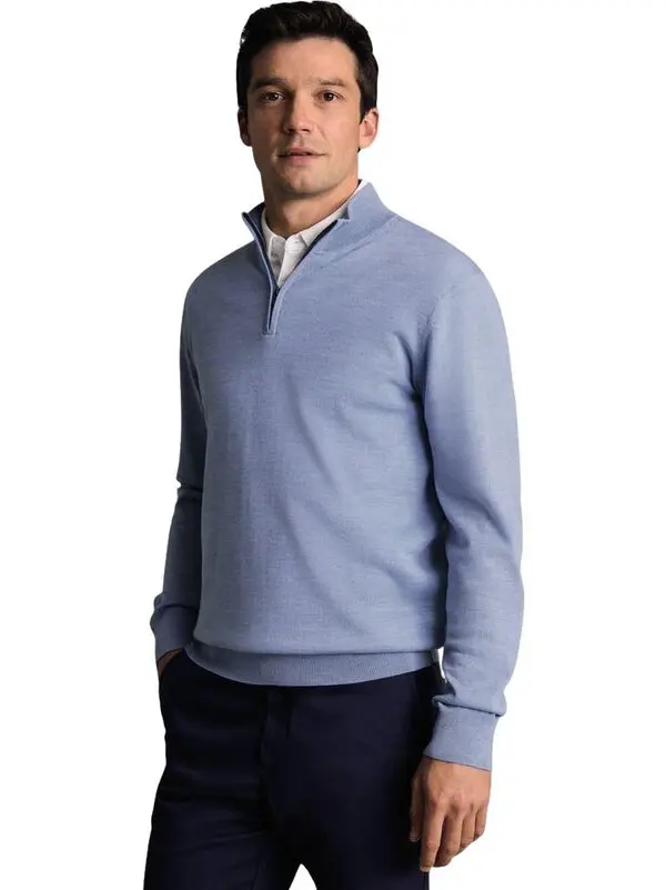 CHARLES TYRWHITT Merino Wool Zip Neck Sweater - Cornflower Blue