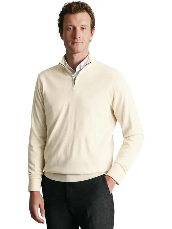 CHARLES TYRWHITT Merino Zip Neck Long Sleeve Sweater - Cream