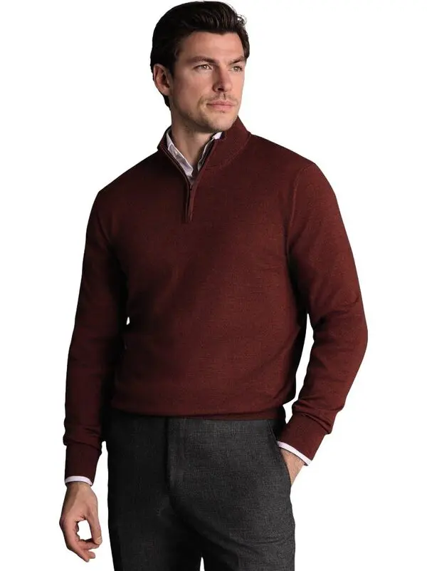 CHARLES TYRWHITT Merino Wool Zip Neck Sweater - Dark Orange
