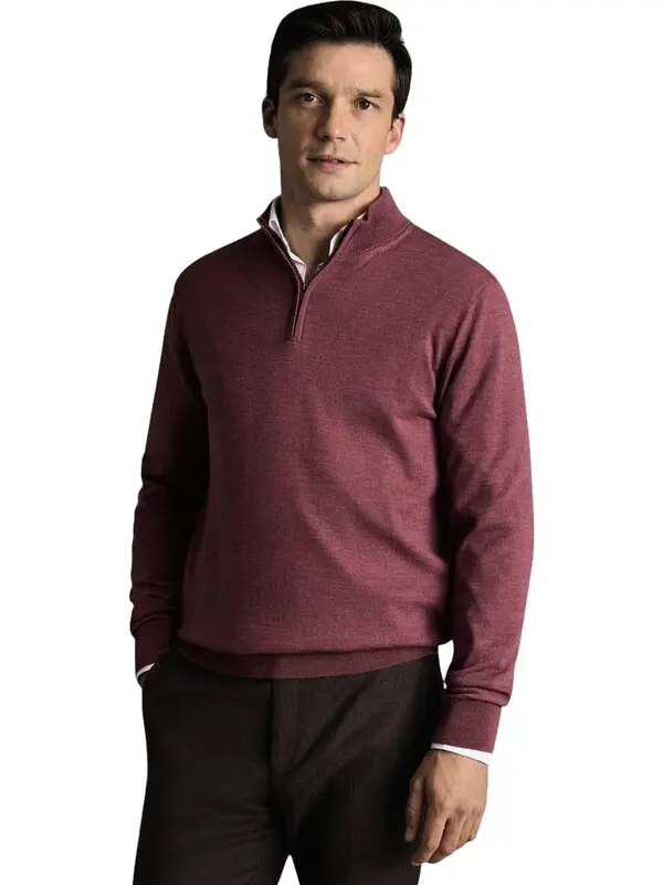 CHARLES TYRWHITT Merino Wool Zip Neck Sweater - Dark Pink