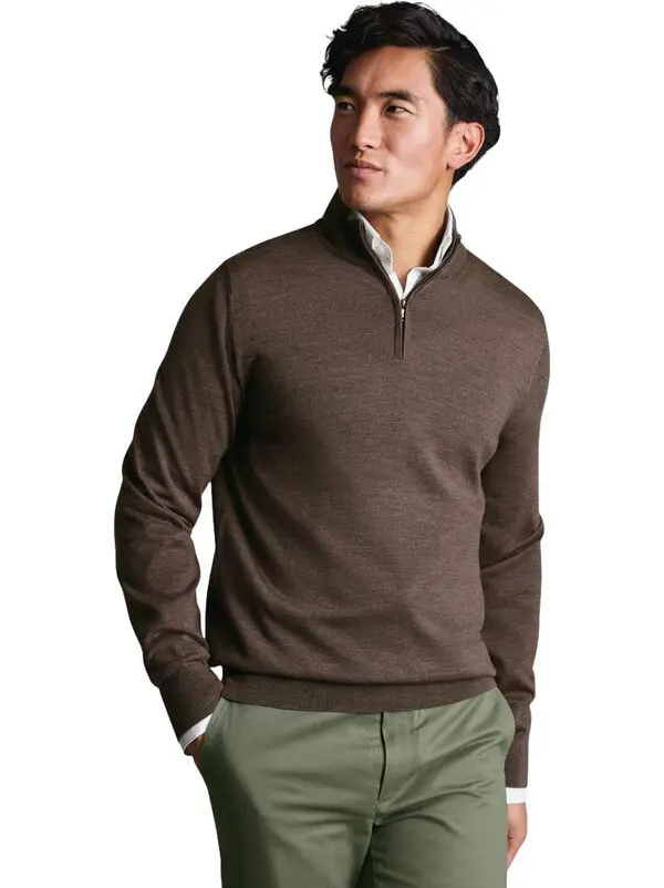CHARLES TYRWHITT Merino Zip Neck Long Sleeve Sweater - Mocha