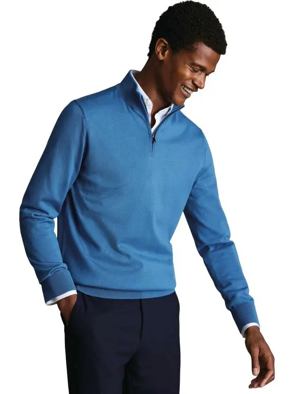 CHARLES TYRWHITT Merino Zip Neck Long Sleeve Sweater - Ocean Blue