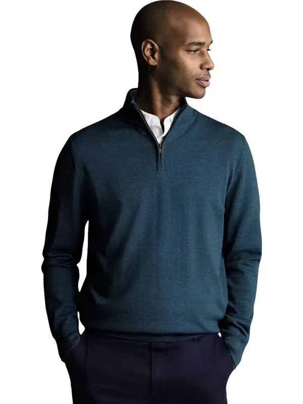 CHARLES TYRWHITT Merino Zip Neck Long Sleeve Sweater - Teal Green