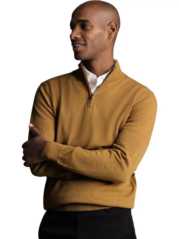 CHARLES TYRWHITT Merino Wool Zip Neck Sweater - Yellow