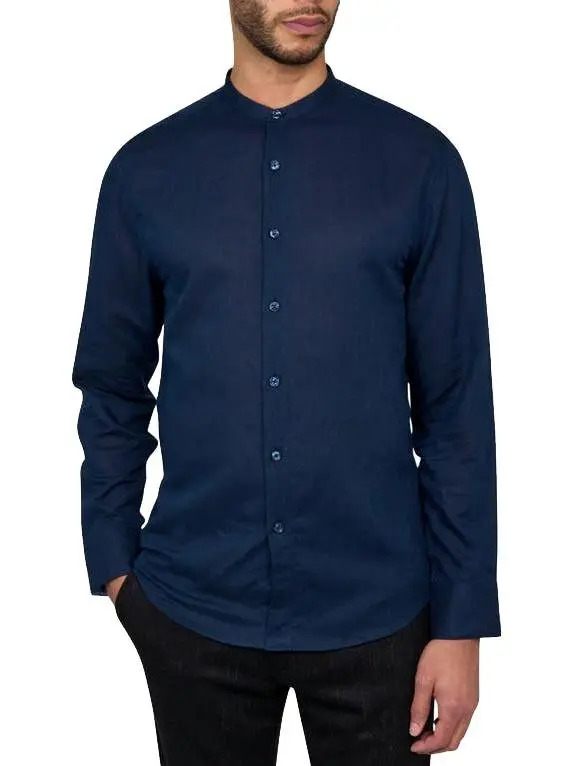 BROOKLYN BRIGADE Slim Fit Solid Linen Cotton Long Sleeve Shirt - Navy