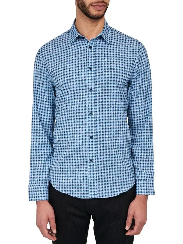 BROOKLYN BRIGADE Slim Fit Wyckoff Blurry Gingham 4-way Stretch Performance Long Sleeve Shirt - Blue