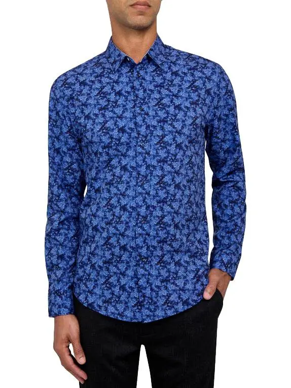 BROOKLYN BRIGADE Slim Fit Abstract Floral Recycled 4-way Stretch Performance Long Sleeve Shirt - Light Blue/navy