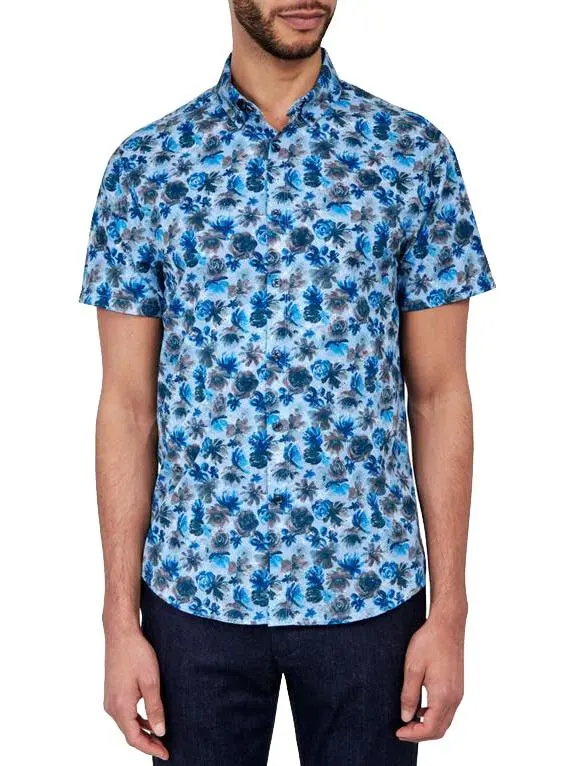 BROOKLYN BRIGADE Slim Fit Quay Watercolor Floral 4-way Stretch Performance Short Sleeve Shirt - Brown/blue