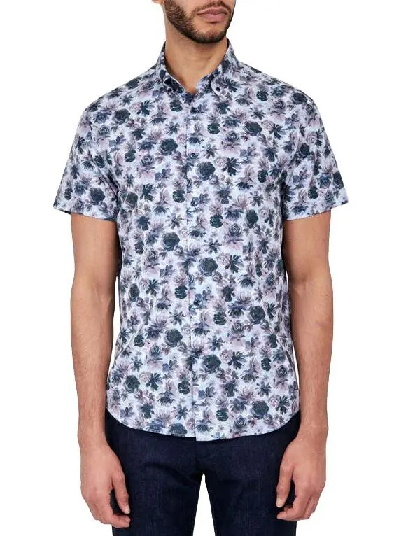 BROOKLYN BRIGADE Slim Fit Quay Watercolor Floral 4-way Stretch Performance Short Sleeve Shirt - Navy/purple