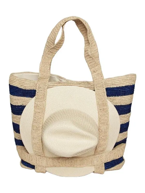Hat Attack The Original Straw Traveler Bag - Natural/navy Stripe