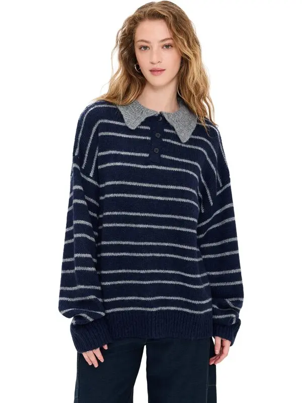 Lioness Striped Knit Pullover With Collared Neckline - Navy
