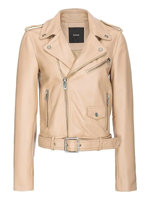 Pinko Costa Rica Leather Biker Jacket - Dove Beige