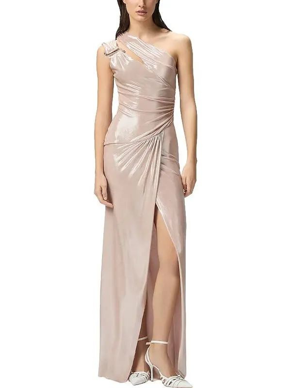 Pinko Elegant Laminated One Shoulder Dress - Nude/silver