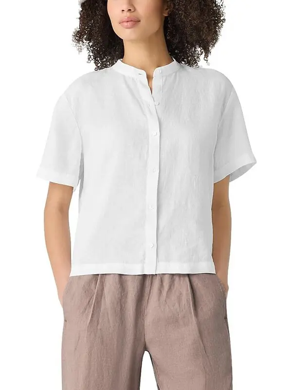 Eileen Fisher Linen Mandarin Collar Shirt - White