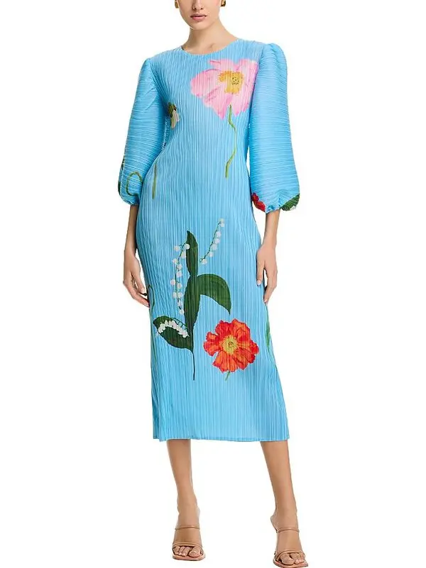 NANCY YANG Crinkled Puff Sleeve Dress - Blue Multi