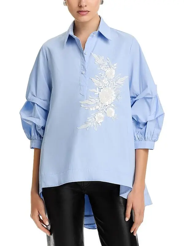 NANCY YANG Beaded Puffed Sleeve Top - Blue