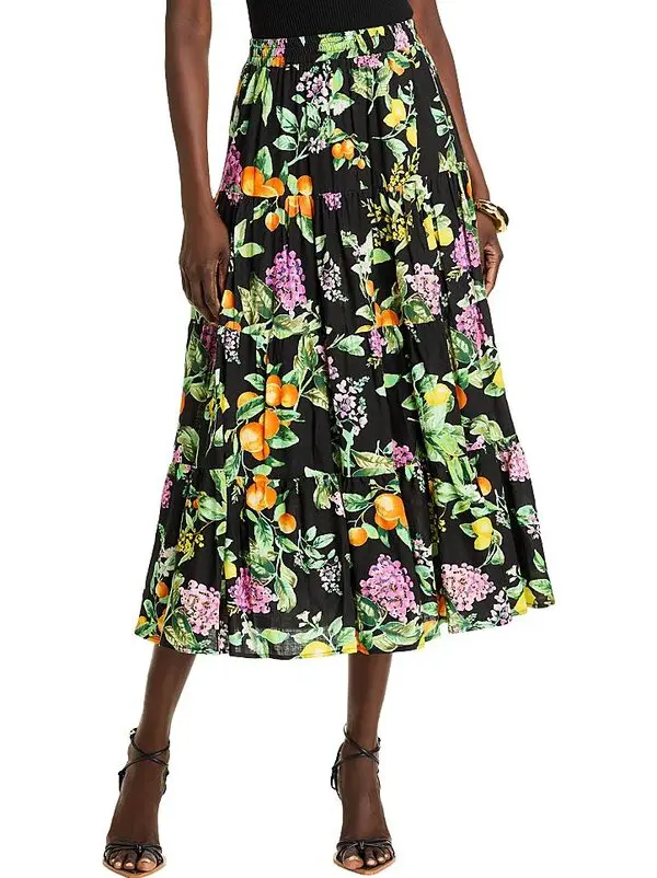 Aqua Fruit Print Midi Skirt - Black Multi