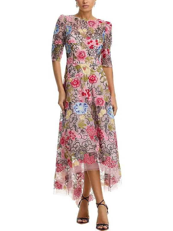 Rickie Freeman For Teri Jon Embroidered Floral Fit And Flare Dress - Pink Multi