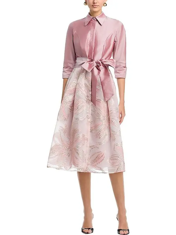 Rickie Freeman For Teri Jon Textured Taffeta Floral Jacquard Shirt Dress - Mauve Multi