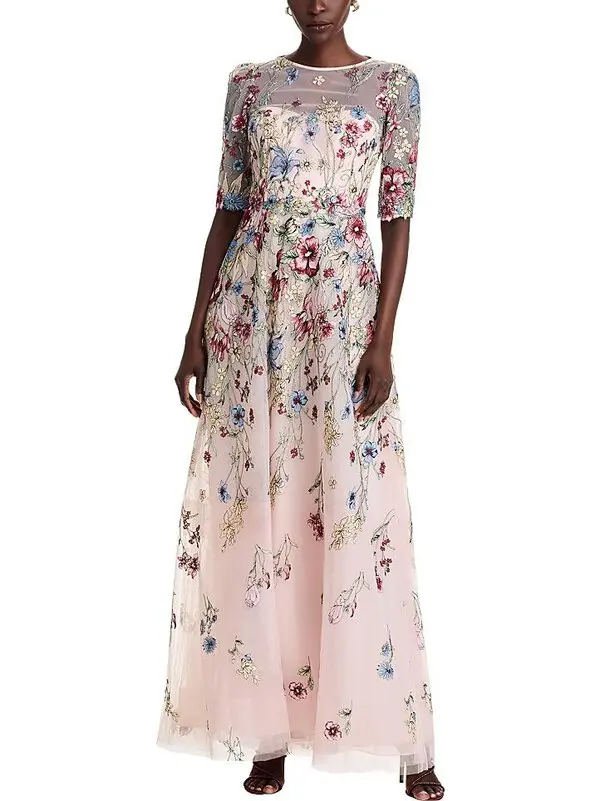 Rickie Freeman For Teri Jon Floral Embroidered Tulle Gown - Blush Multi