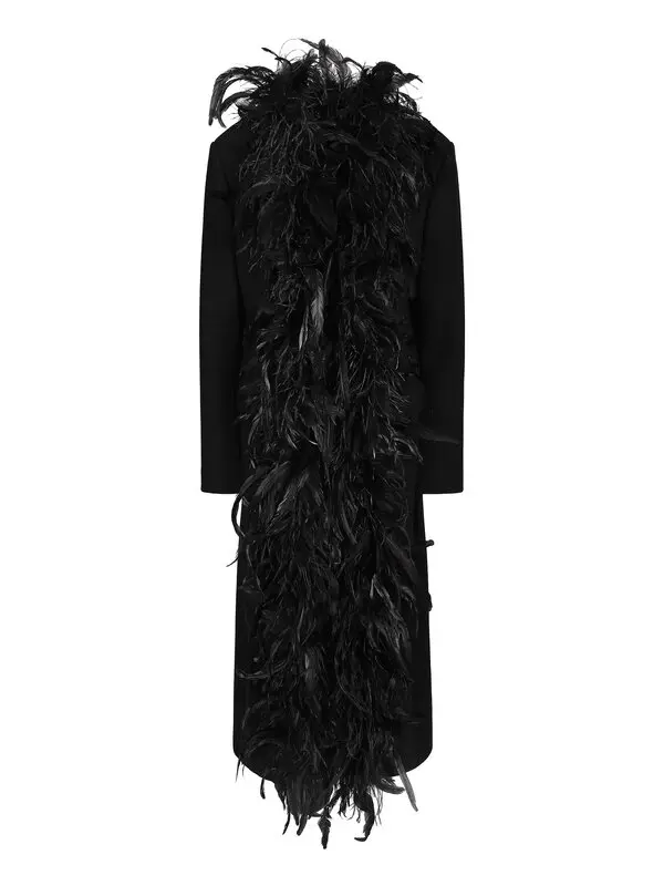 Dolce & Gabbana Double-breasted Wool Crepe Coat With Feather Embellishment - Black
