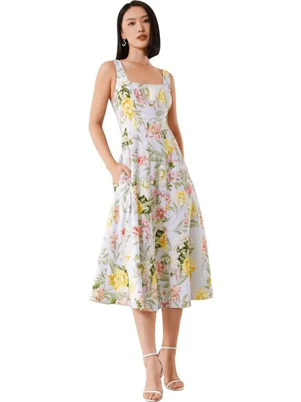 Yumi Kim Linen Floral Midi Dress - Blue