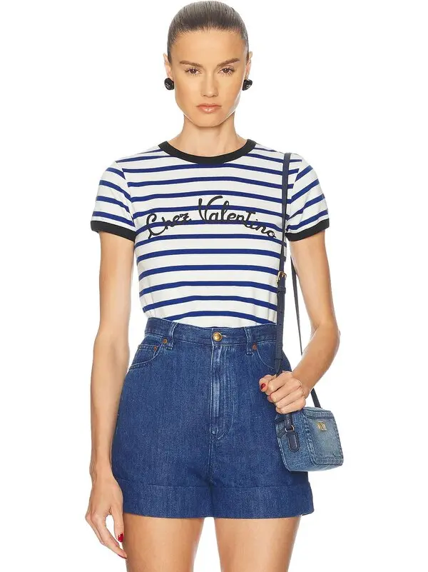 Valentino Garavani Striped Cotton T-shirt - Avorio & Blu