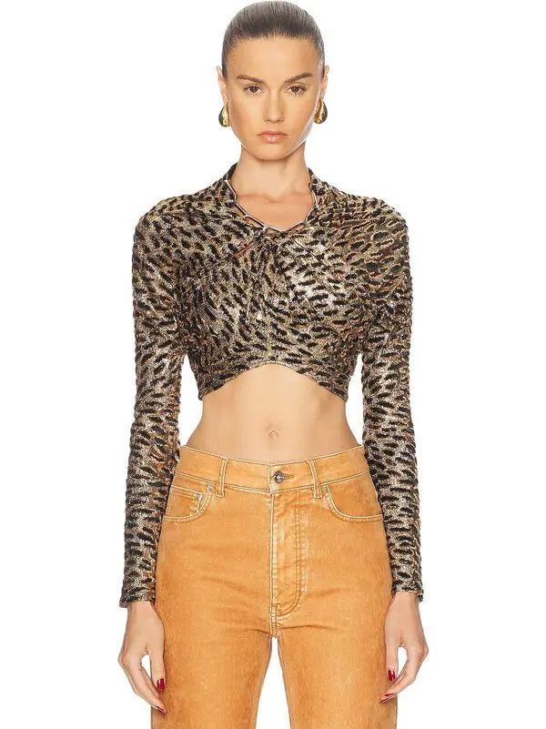 Rabanne Crop Long Sleeve Top - Tiger Lurex  Gold  & Cam