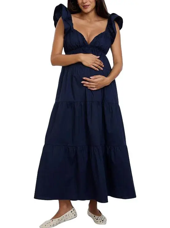 Motherhood Maternity Ruffle Sleeve Tie-back Maxi Dress - Navy Blazer